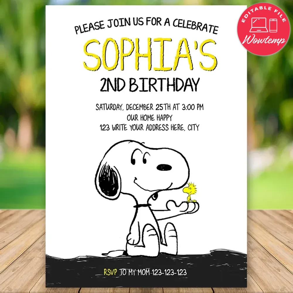 Editable Snoopy Peanuts Birthday Invitations Instant Download | Wowtemp
