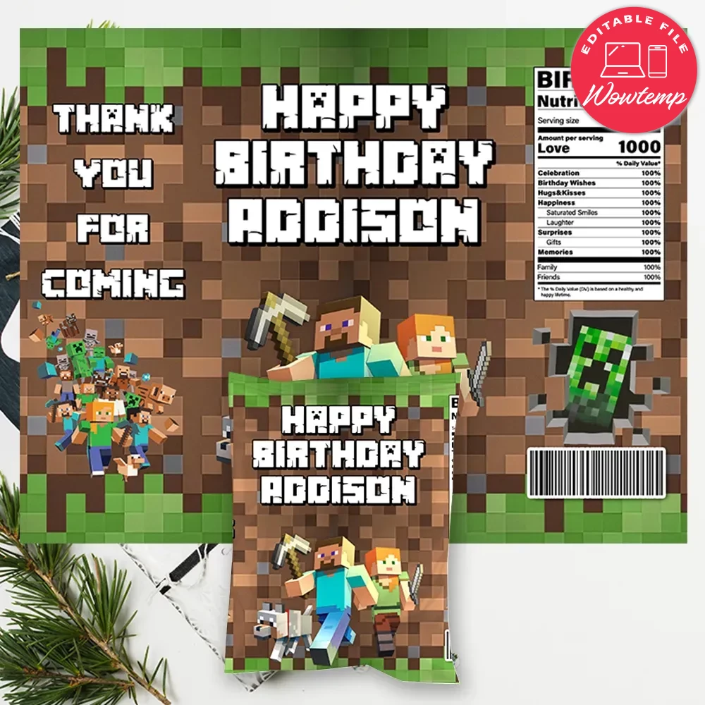 Minecraft Birthday Chip Bag Digital File Printable DIY | Wowtemp