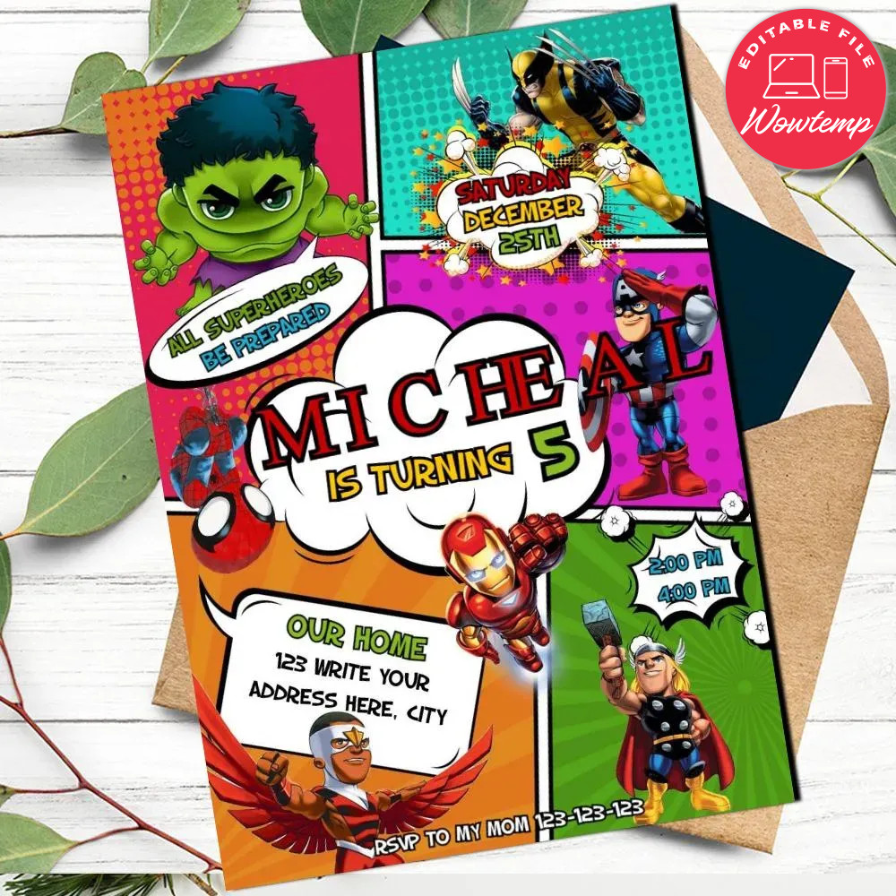 Editable Superhero Avengers Birthday Flyer Instant Download | Wowtemp