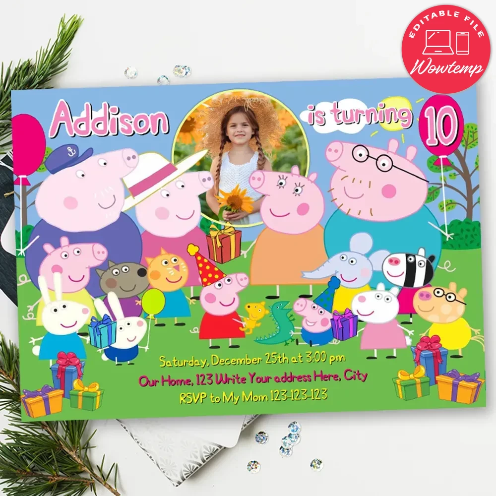 Peppa Pig Birthday Invitation With Photo Printable DIY | Wowtemp