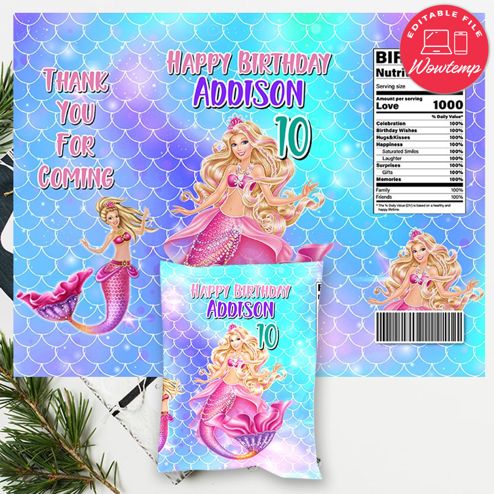 Barbie Mermaid Birthday Chip Bag Digital File Printable DIY | Zingtemp