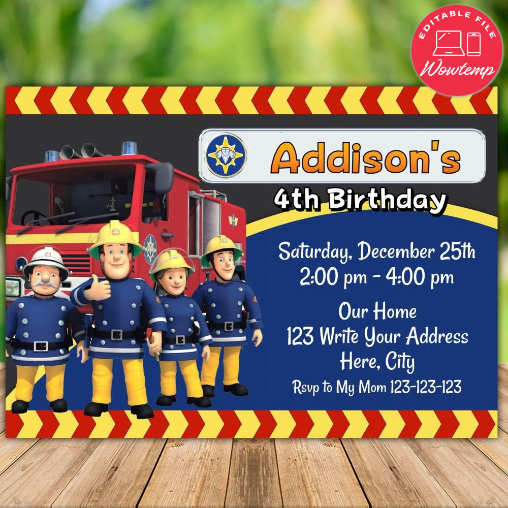 Editable Fireman Sam Birthday Invitation Instant Download | Wowtemp