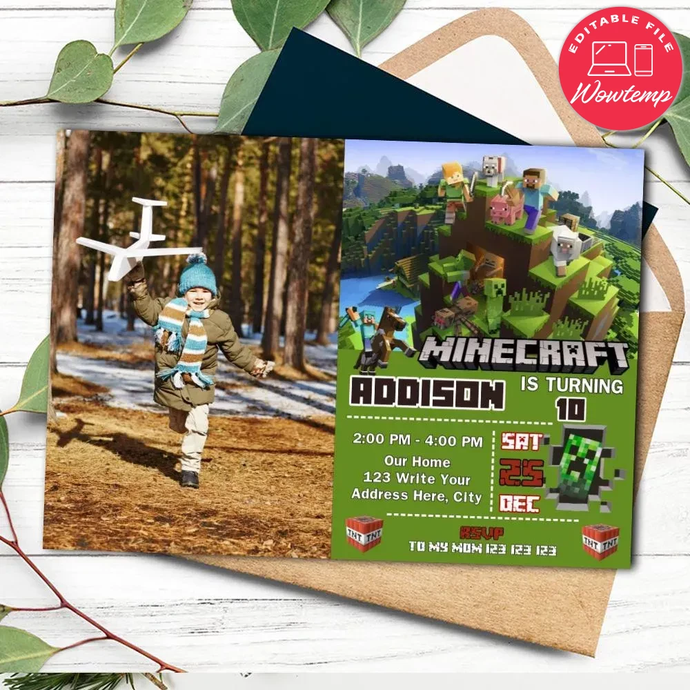 Minecraft Birthday Invitation with Photo Printable DIY | Wowtemp