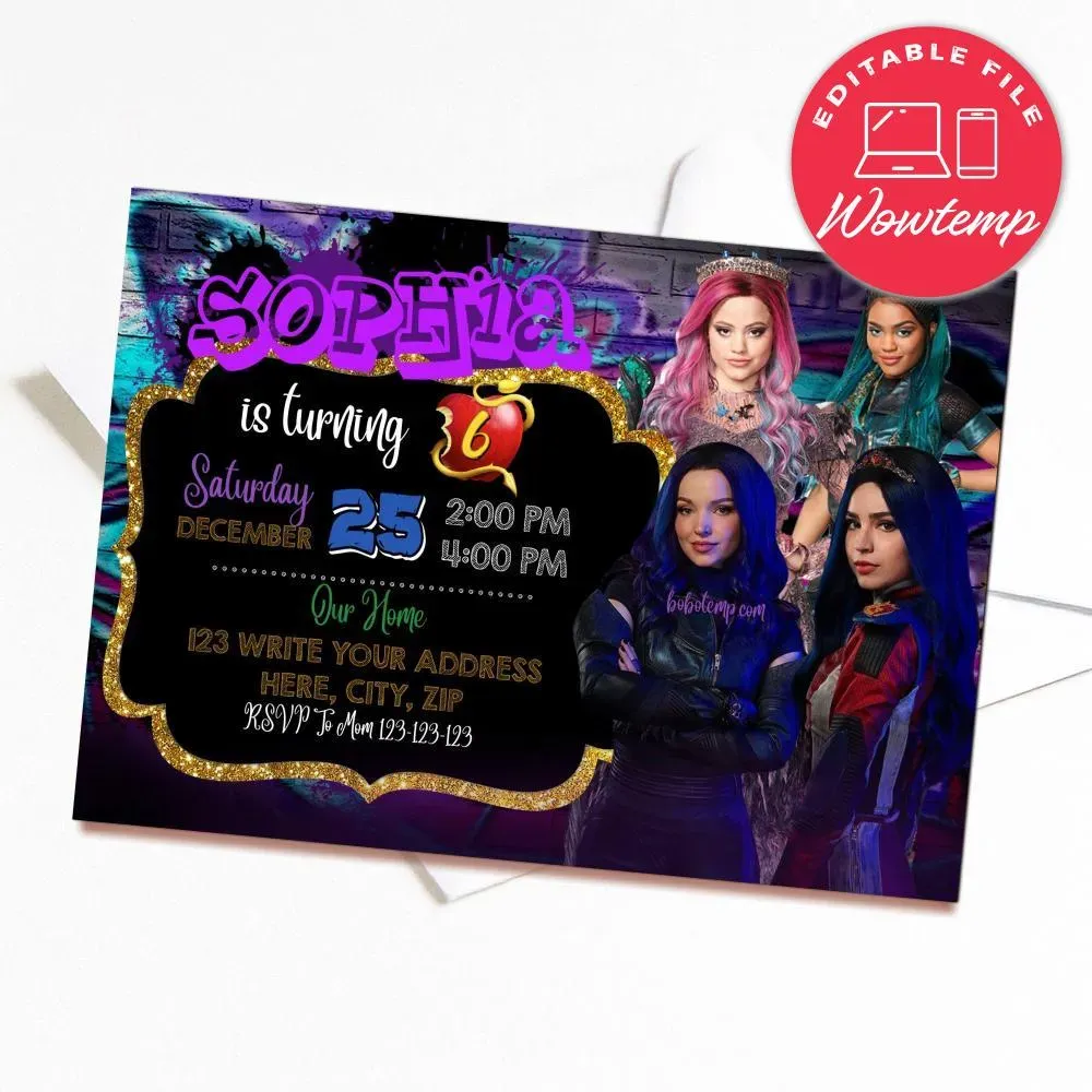 Editable Girl Descendants 3 Birthday Invitation Instant Download | Wowtemp