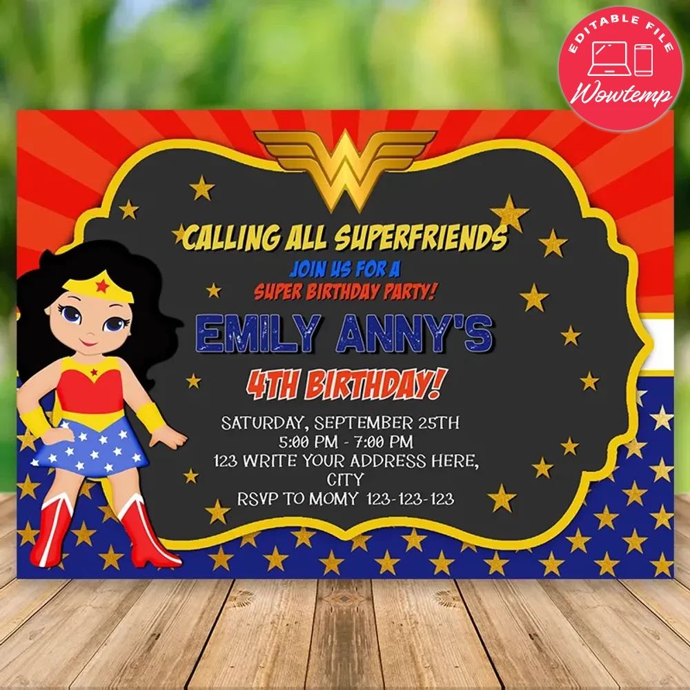 Editable Wonder Woman Cartoon Party Invitation Instant Download | Wowtemp