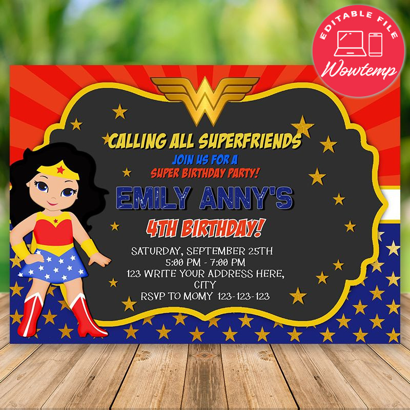Editable Wonder Woman Cartoon Party Invitation Instant Download | Wowtemp