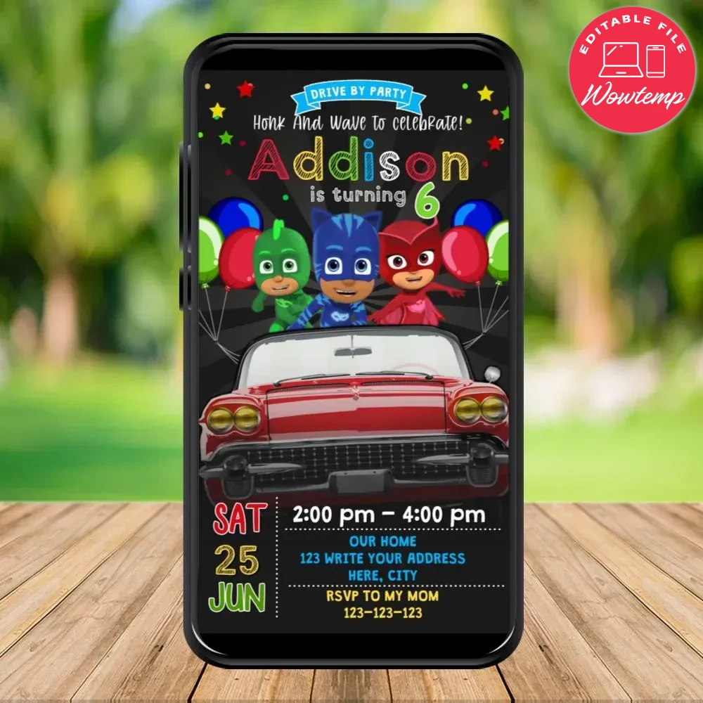 Mobile PJ Masks Drive By Birthday Parade Electronic Invite Invitation ...