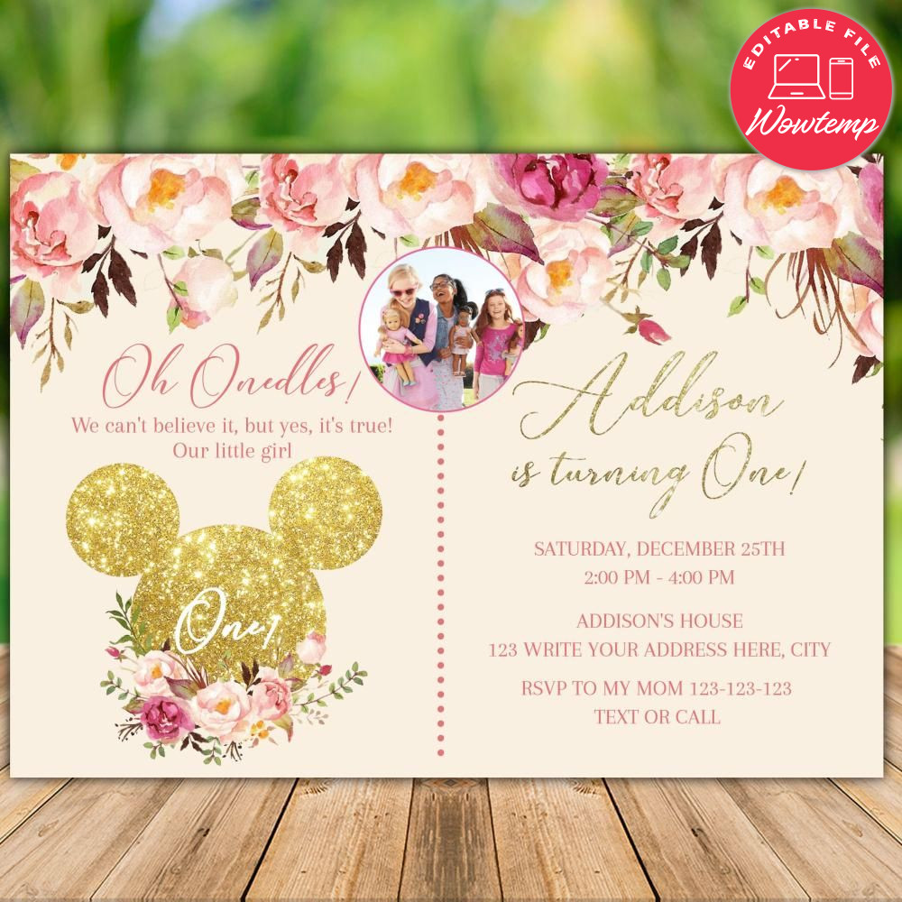 Printable Mickey Mouse Pink Gold Glitter Invitation With Photo | Wowtemp