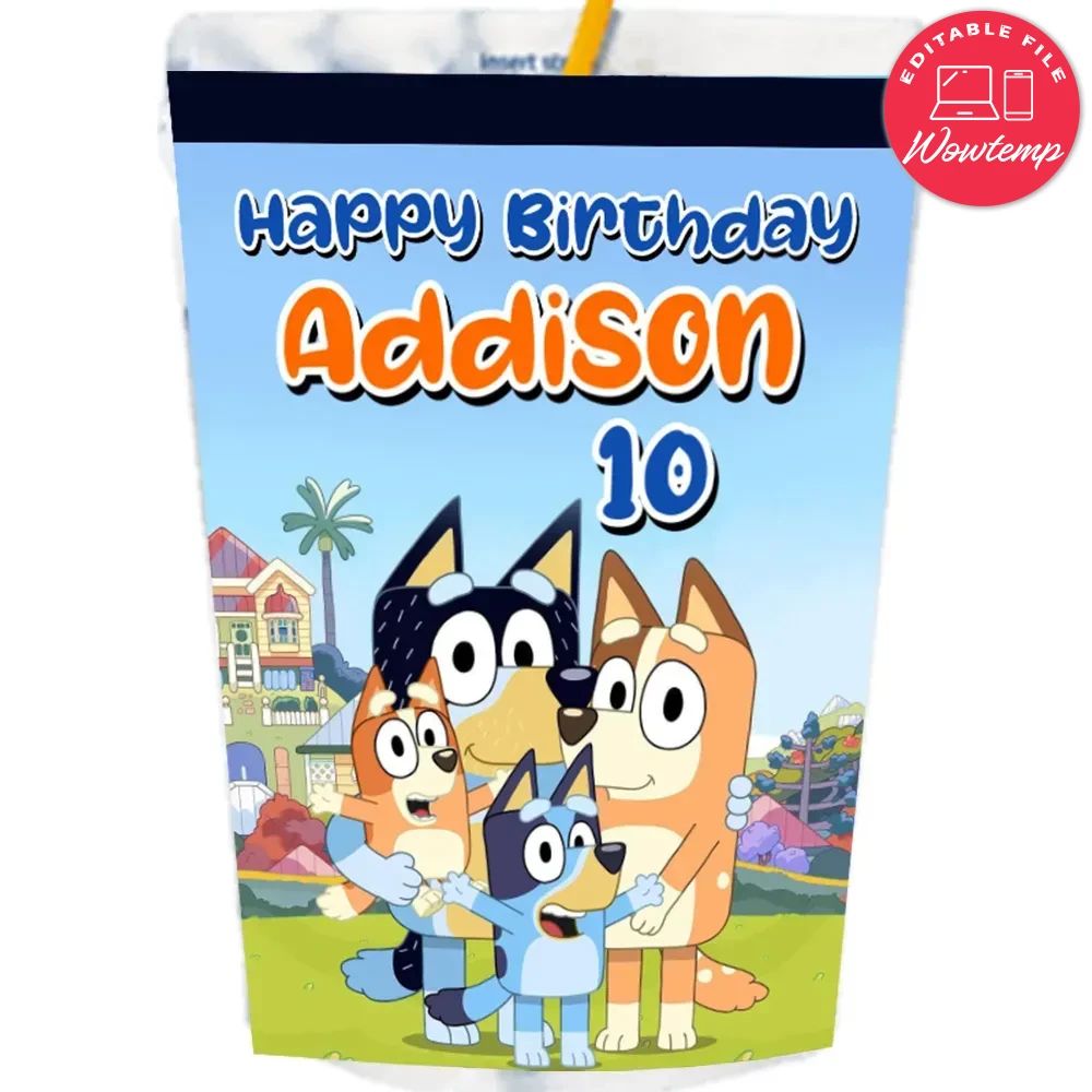 Bluey Capri Sun Birthday Labels Digital File Printable | Wowtemp