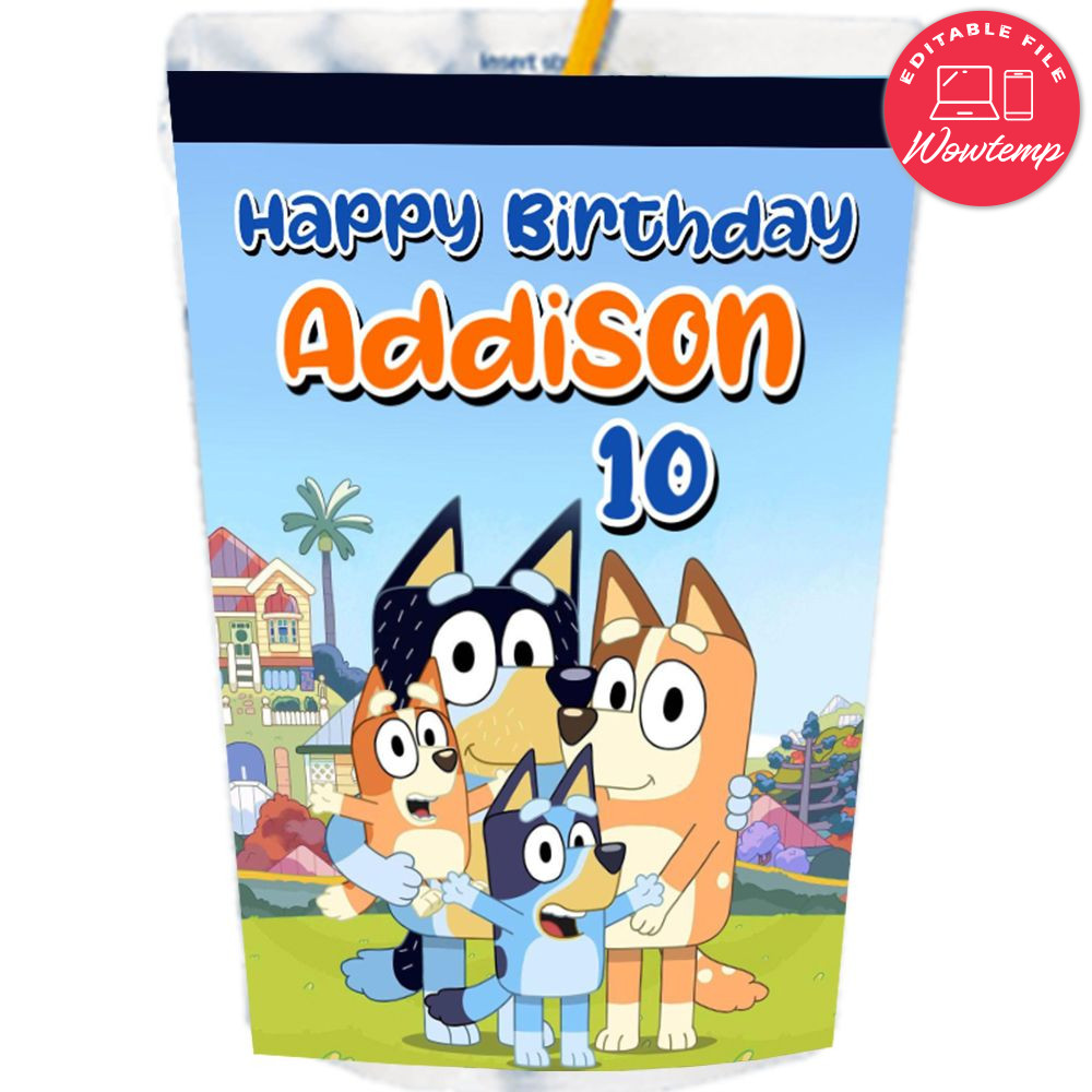 Bluey Capri Sun Birthday Labels Digital File Printable | Wowtemp
