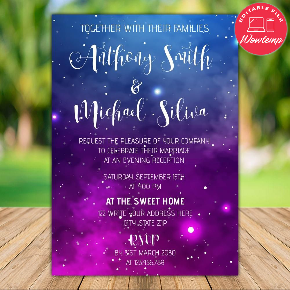 Printable Galaxy Starry Night Evening Wedding Invitations DIY | Wowtemp