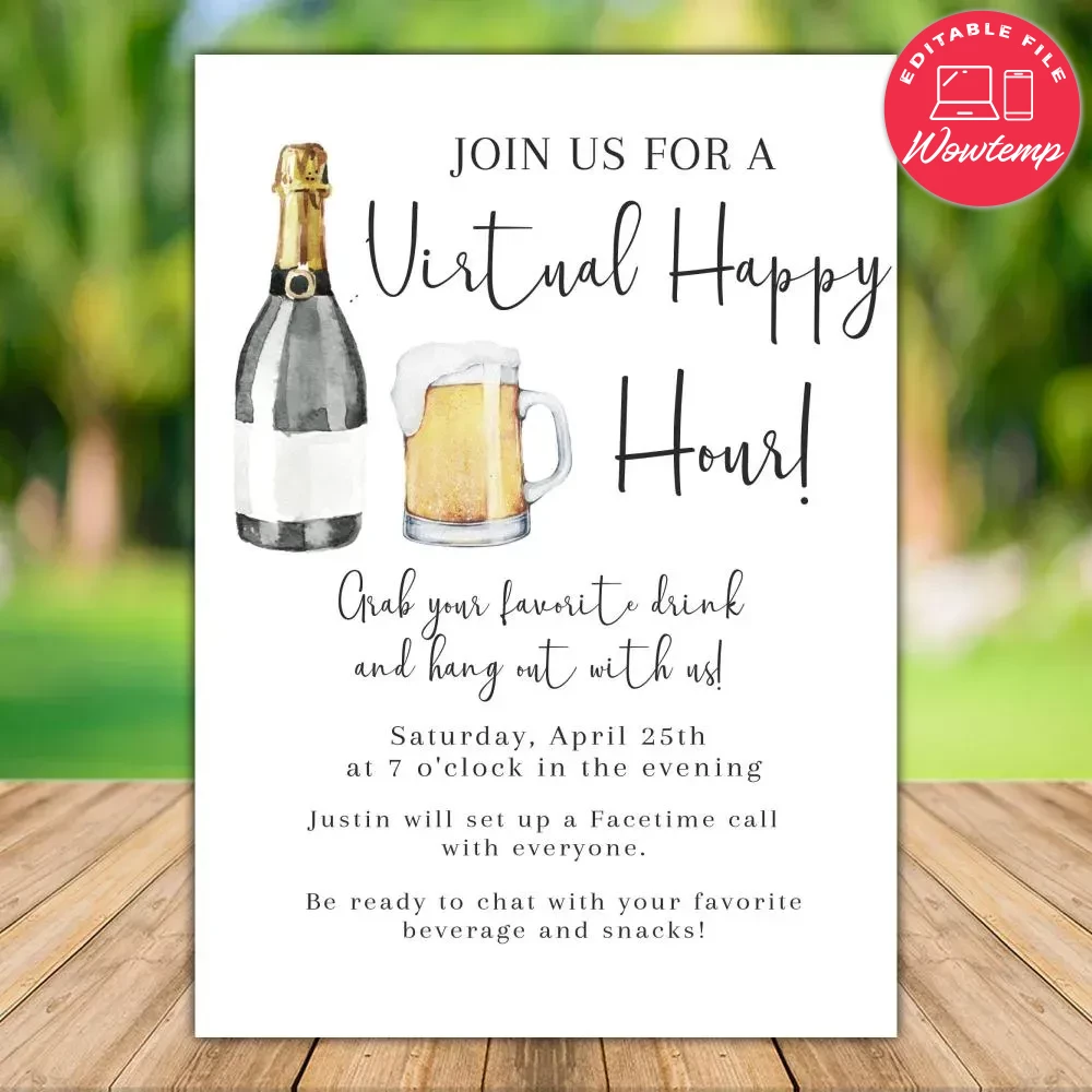Printable Quarantine Virtual Happy Hour Party Invite Template DIY | Wowtemp