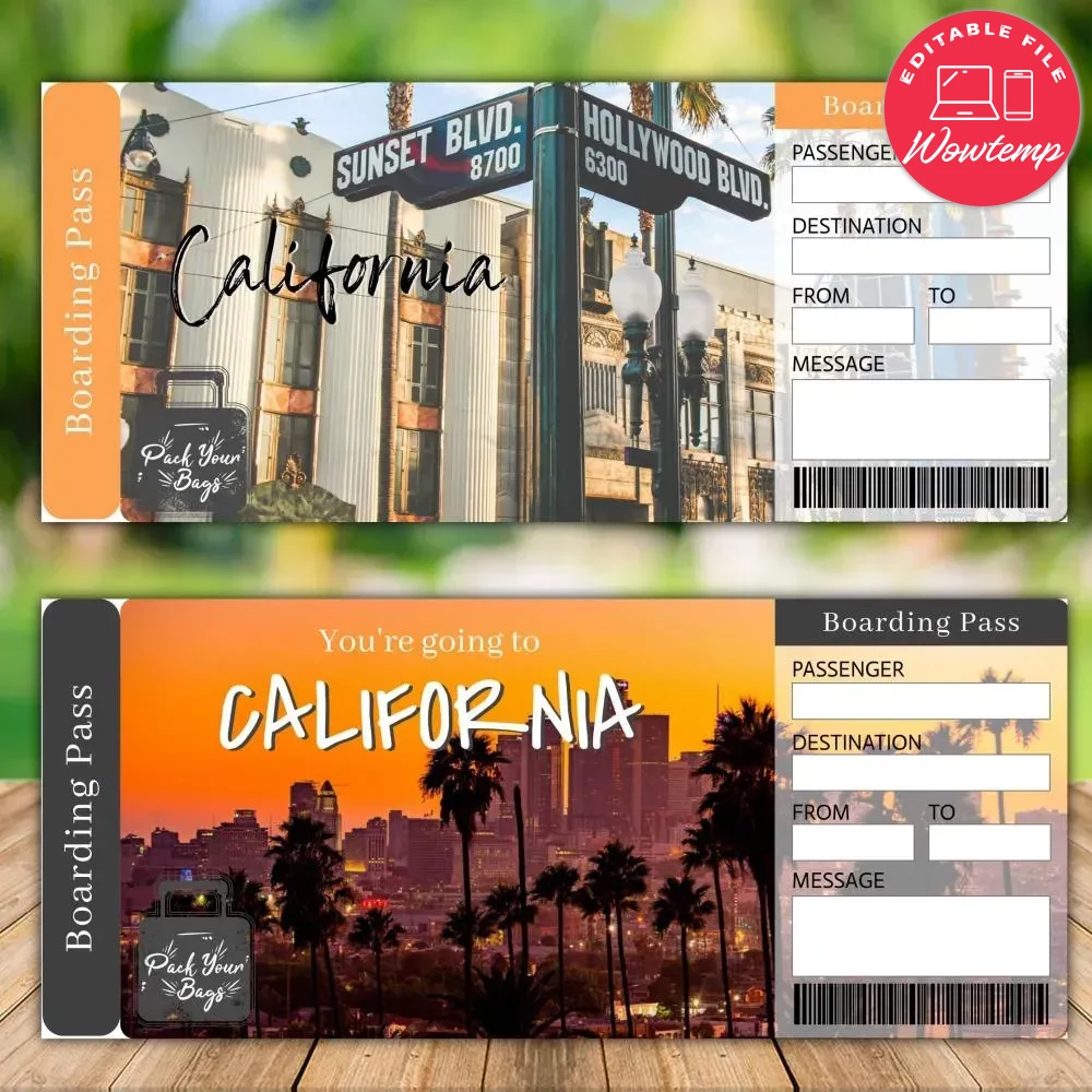 Editable CALIFORNIA Surprise Trip Gift Ticket Instant Download | Wowtemp