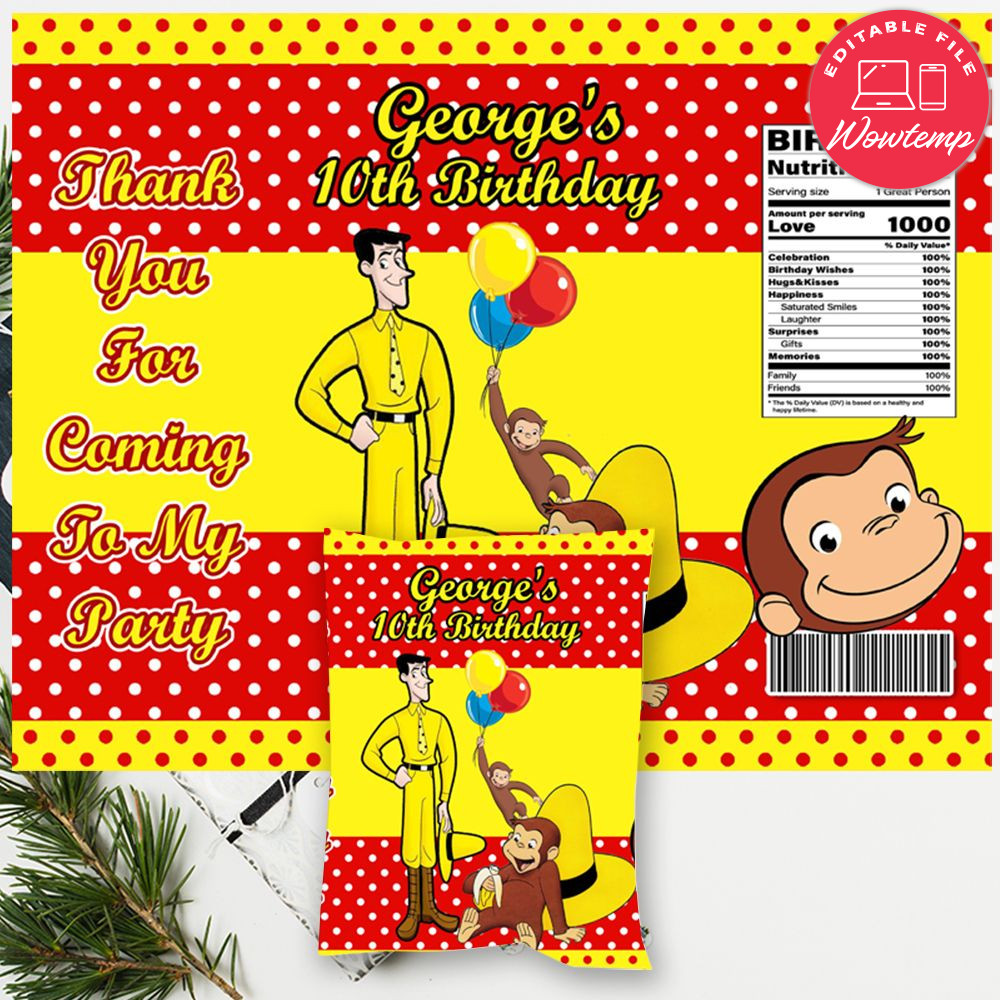 Curious George Chip Bag Digital File Printable DIY | Wowtemp