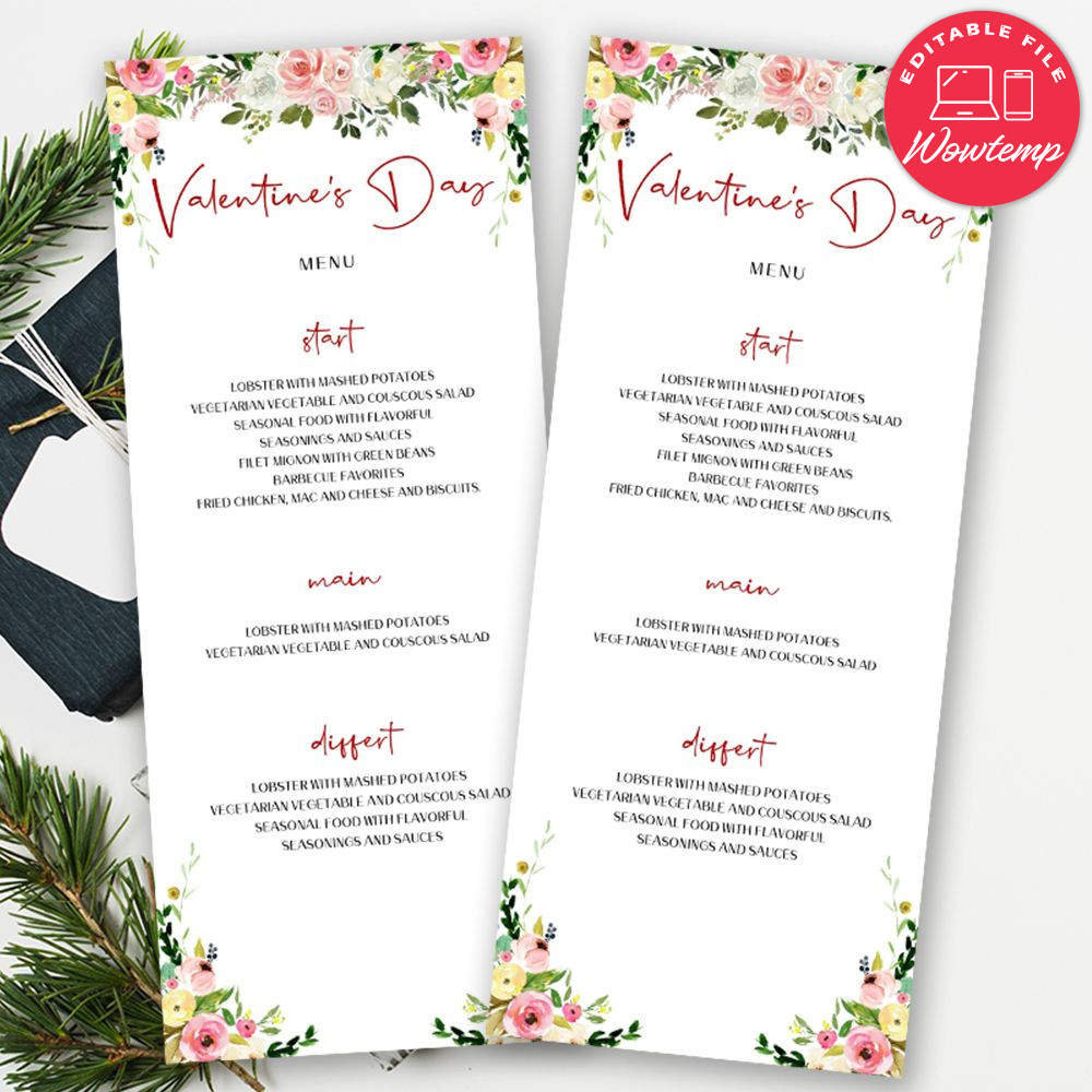 Valentine's Day Dinner Menu Template to print at home Instant Dow | Wowtemp