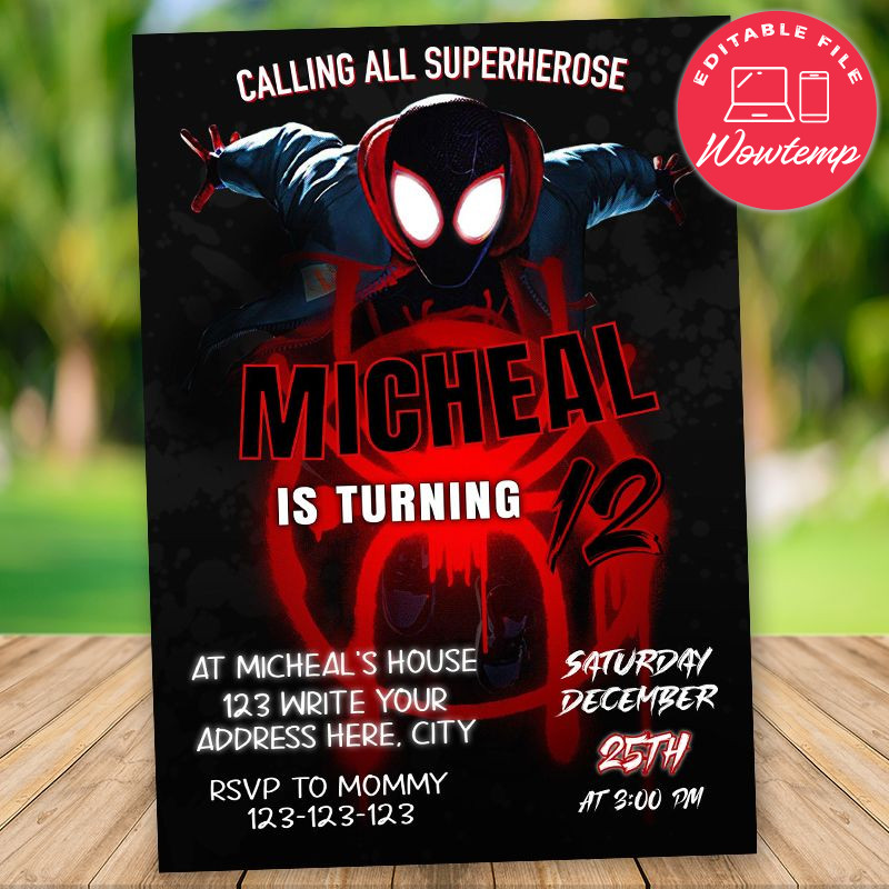 Editable Miles Morales - Into the Spiderverse Birthday Invitation | Wowtemp