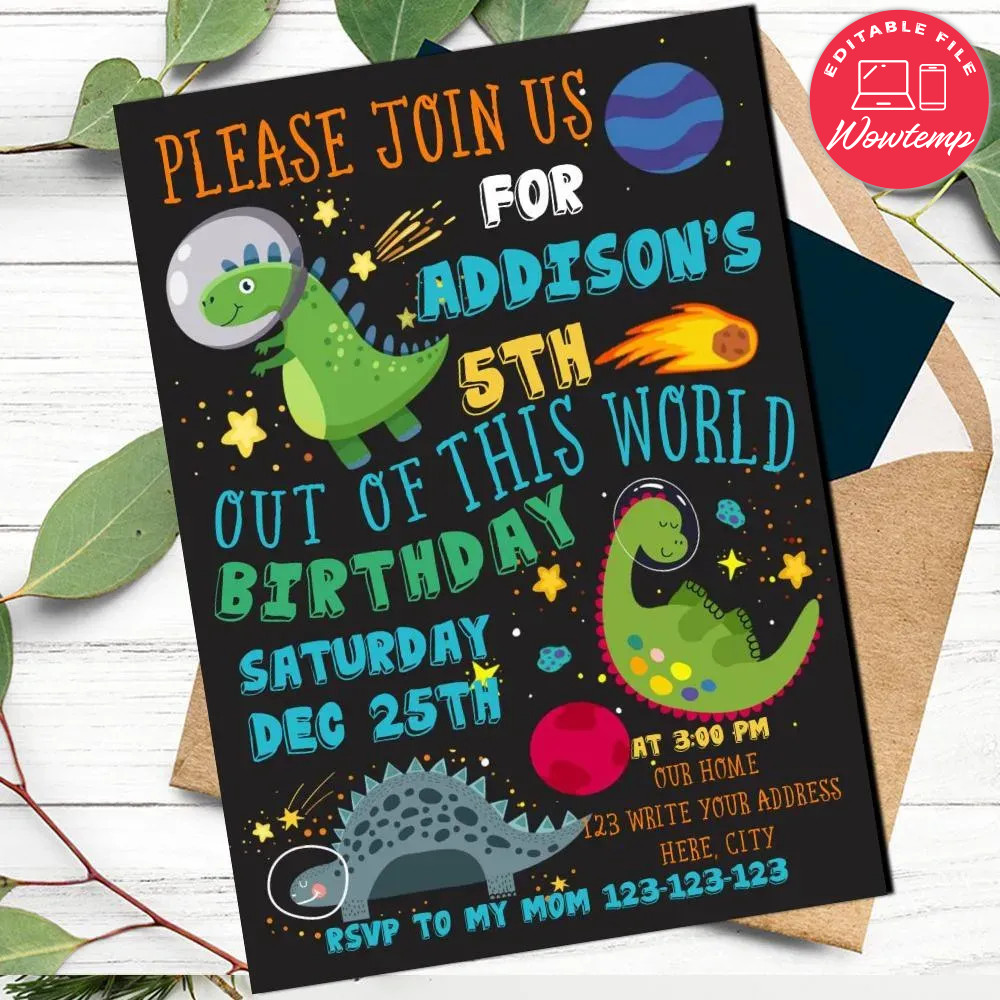 Dino Space Birthday Flyer Template to print at home DIY | Wowtemp
