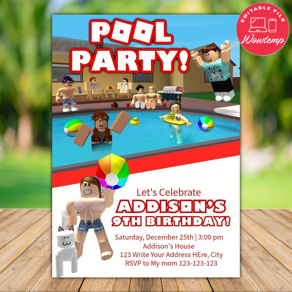 Printable Roblox Pool Party Invitation Instant Download | Wowtemp