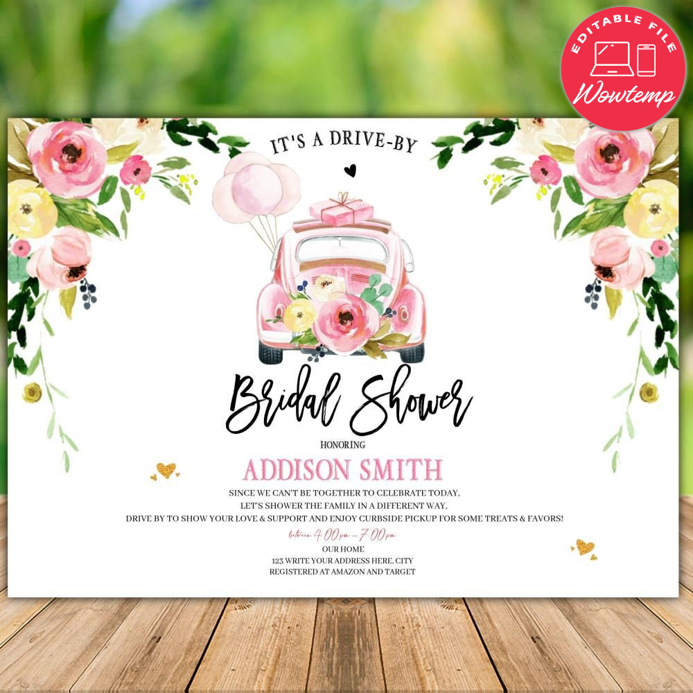 Printable Pink Floral Drive Through Bridal Shower Parade Invite | Wowtemp