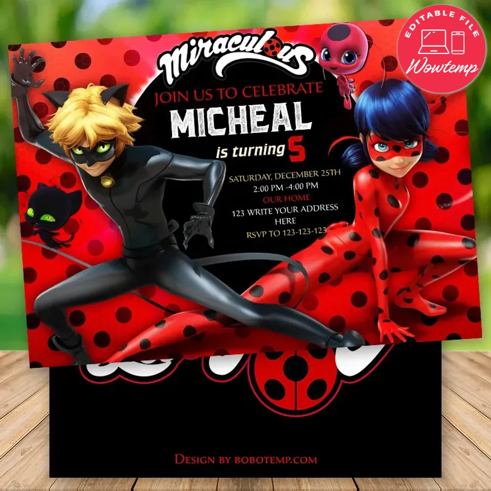 Editable Miraculous Ladybug Birthday Invitations Digital File | Wowtemp