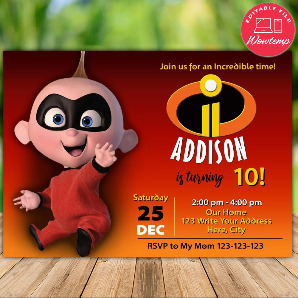 Editable Jack Jack Incrediles 2 Birthday Invitation DIY | Wowtemp