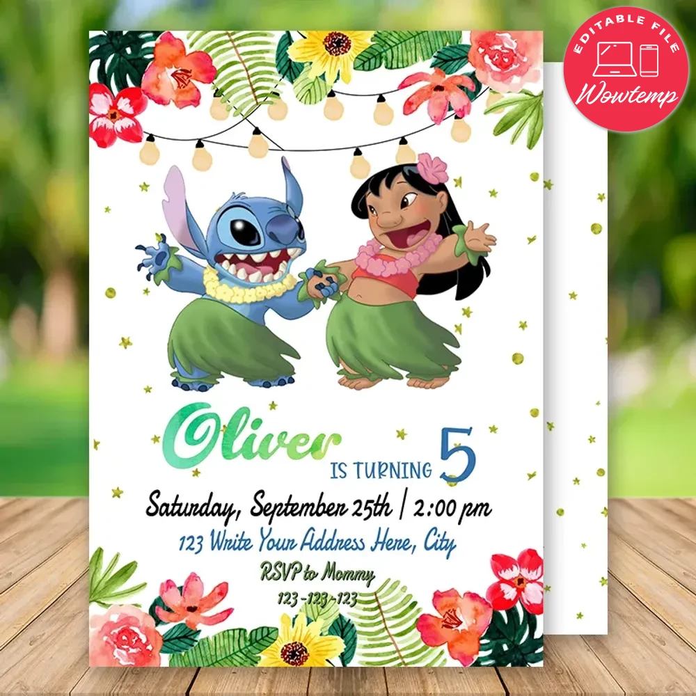 Editable Lilo and Stitch Luau Birthday Invitations DIY | Wowtemp