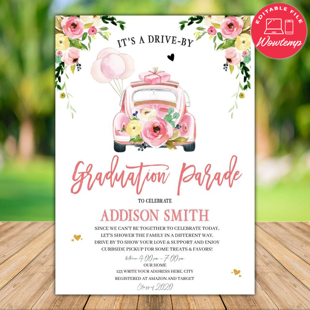 Printable Pink Drive By Graduation Invitation Instant Download | Wowtemp