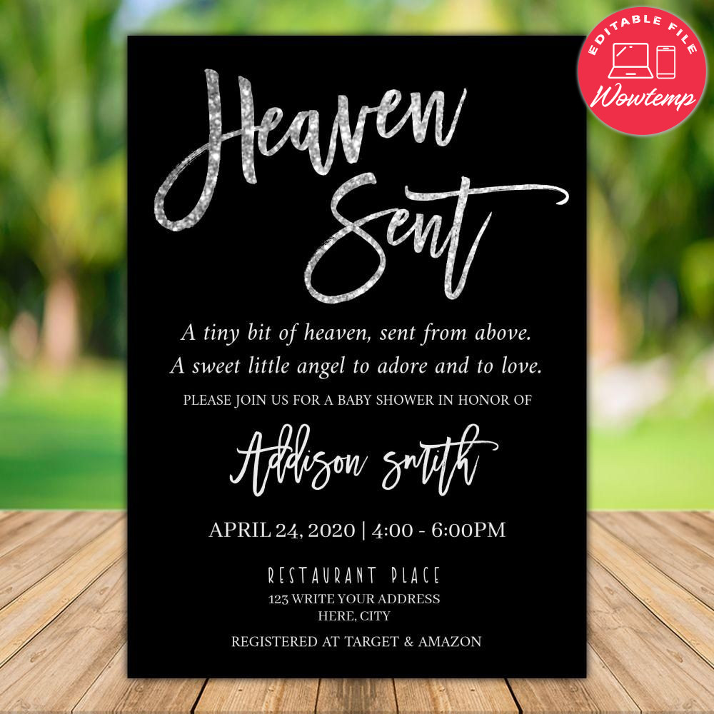 Printable Simple Elegant Heaven Sent Baby Shower Invitation DIY | Wowtemp