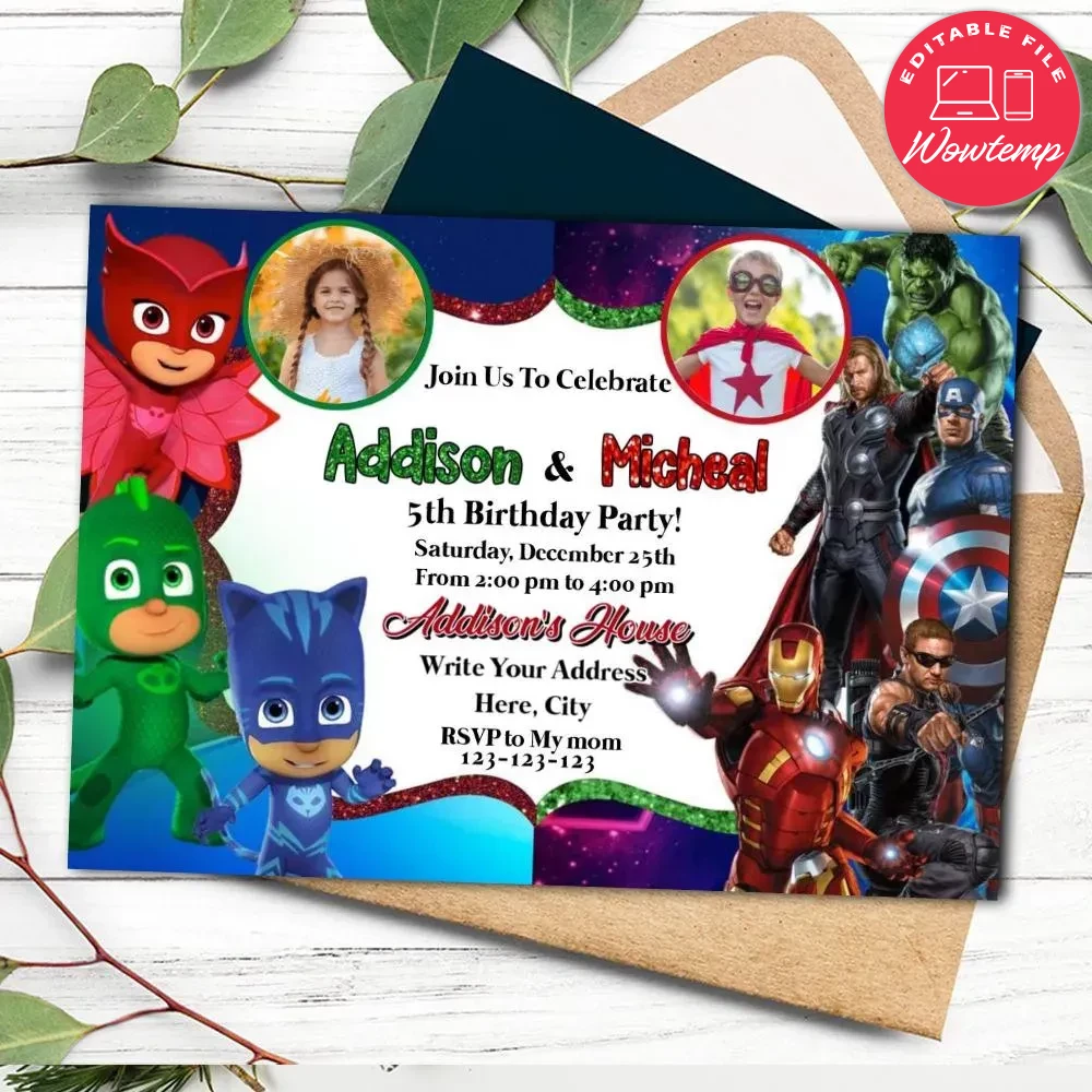 PJ Mask And Avengers Twins Birthday Invitation DIY | Wowtemp