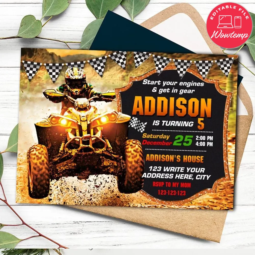 Four Wheeler Birthday Invitation Customizable Template DIY | Wowtemp