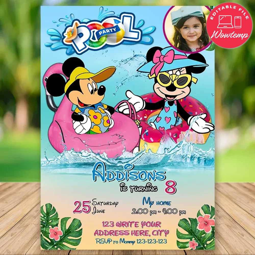 Personalized Mickey Minnie Mouse Pool Party With Photo Invitation | Wowtemp