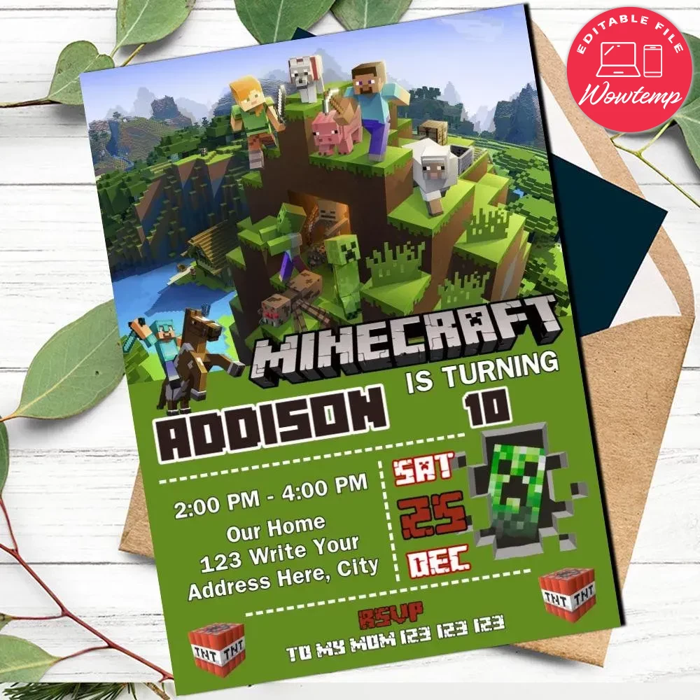 Minecraft Birthday Flyer Printable Instant Download | Wowtemp