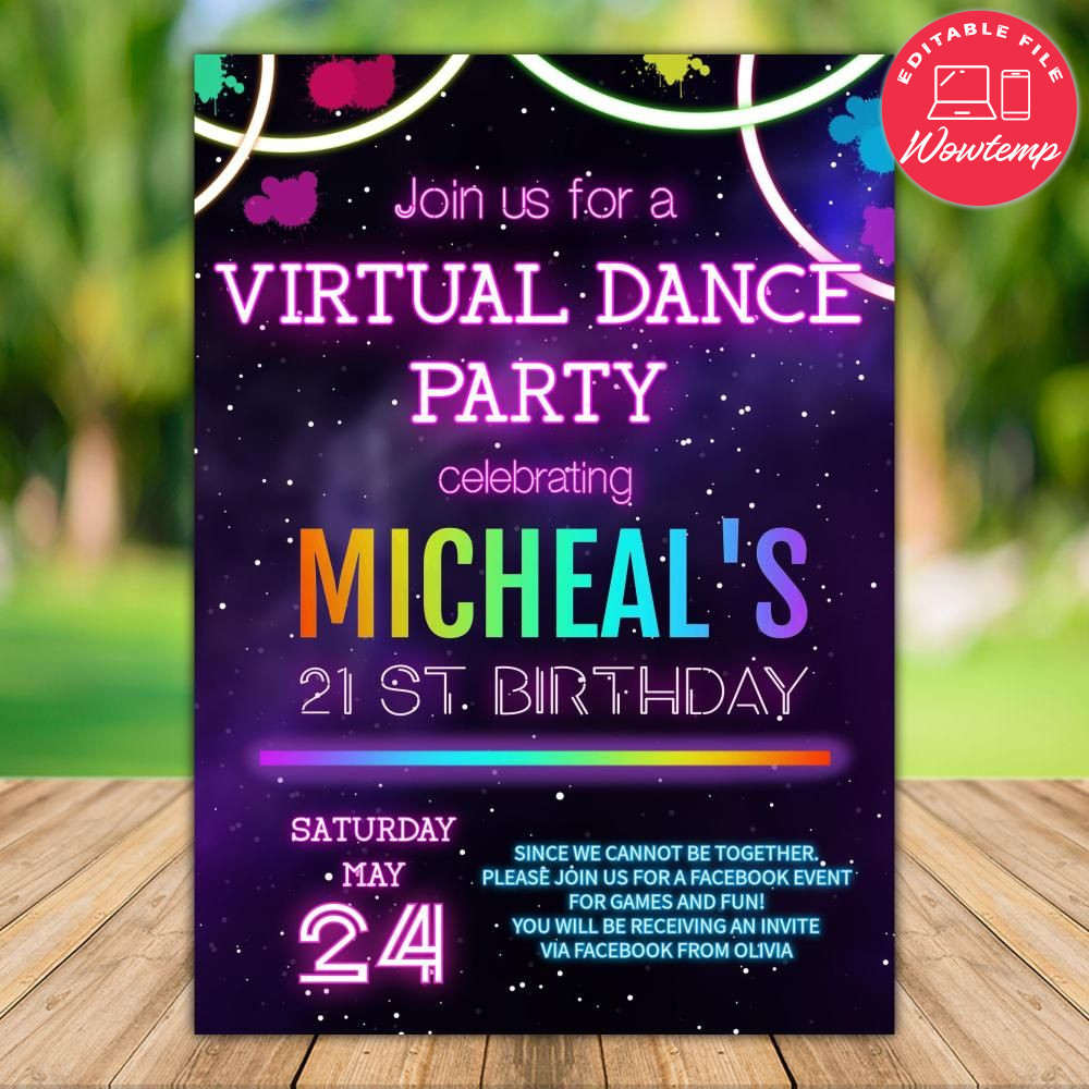 Printable Glow Virtual Party Invitation Template Instant Download | Wowtemp