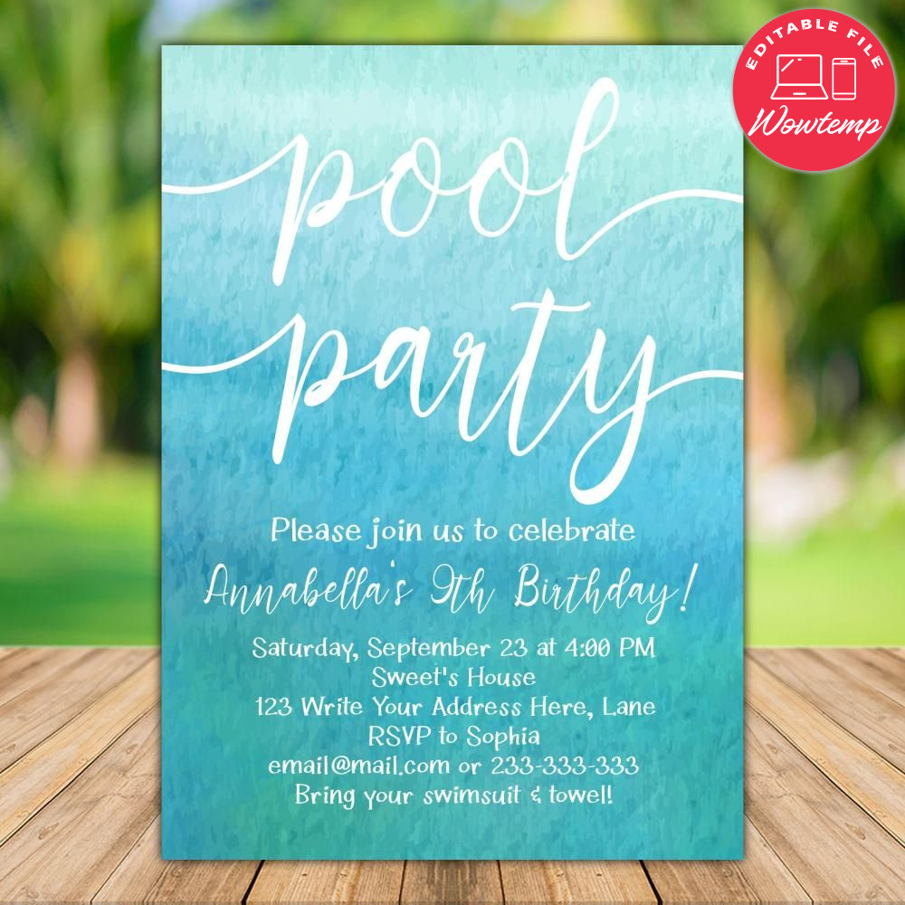 Pool Party Invitation - Blue Aqua Turquoise Ombre Watercolor | Wowtemp