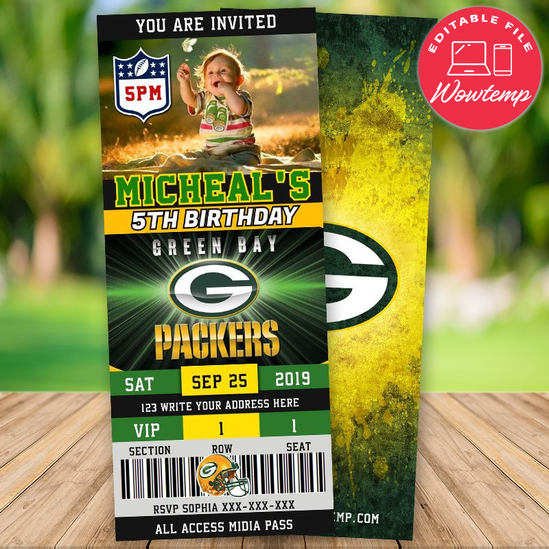 Editable Green Bay Packers Football Sports With Photo Invite DIY | Wowtemp