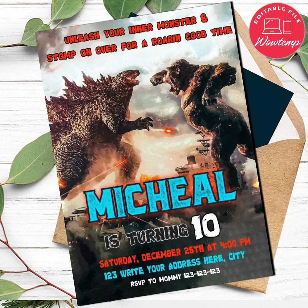 Godzilla vs kong Invitation Template to print at home DIY | Wowtemp