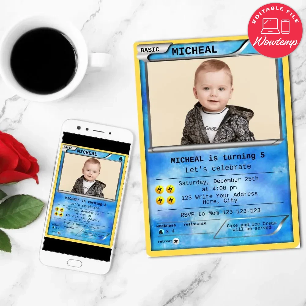Editable Pokemon Card Invitation with Photo Digital File | Wowtemp