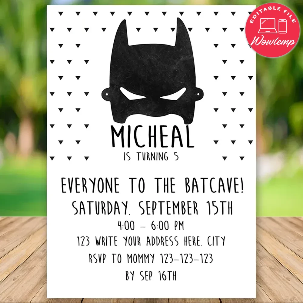 Printable Batman Mask Black & White Birthday Invitation DIY | Wowtemp