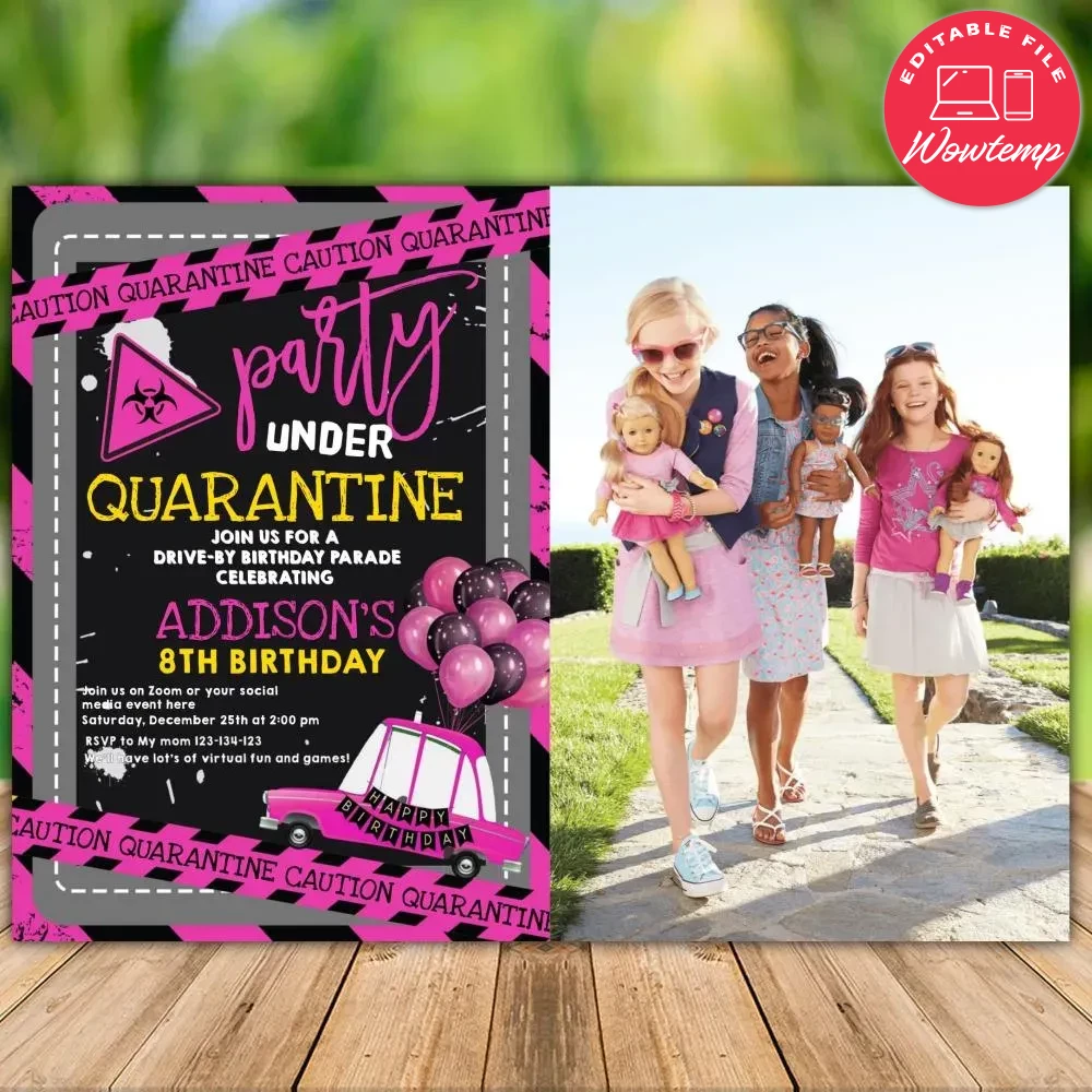 Printable Pink Quarantine Parade Party Invitation with Photo DIY | Wowtemp