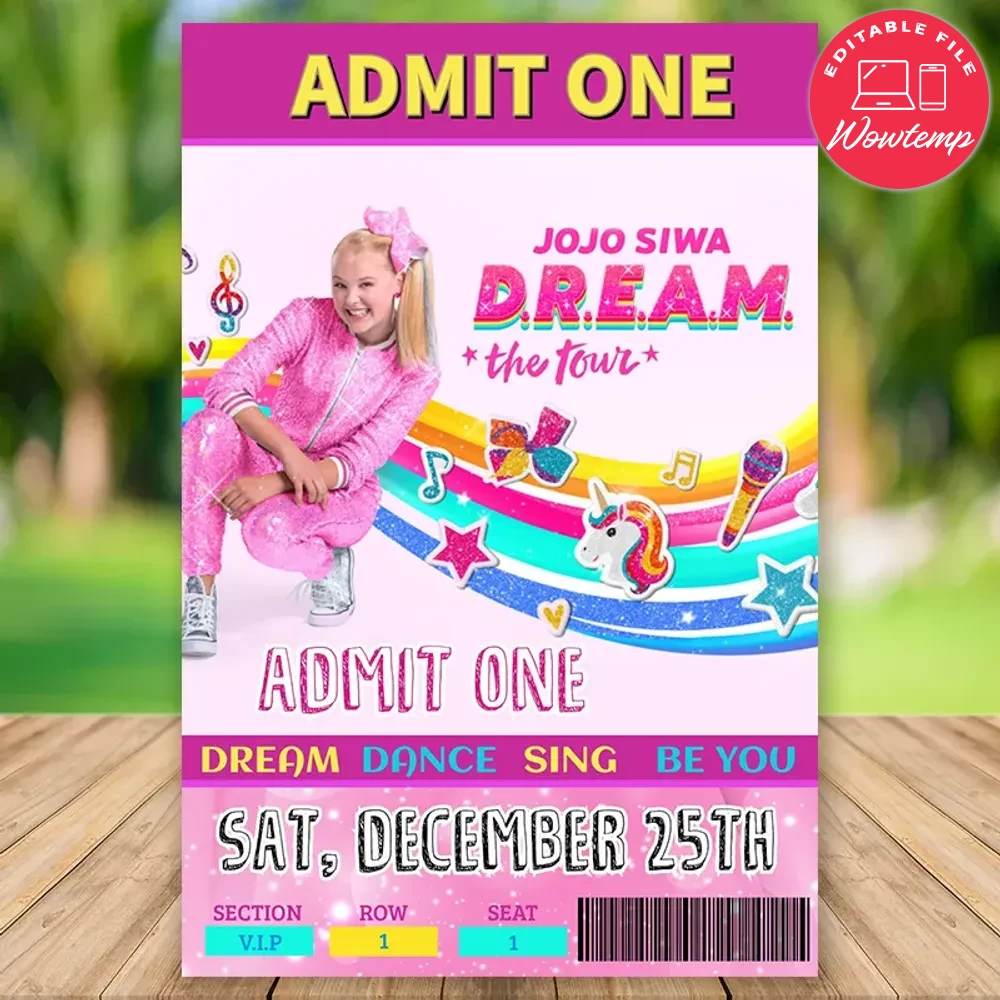 Editable Jojo Siwa VIP Pass Admit One Instant Download | Wowtemp
