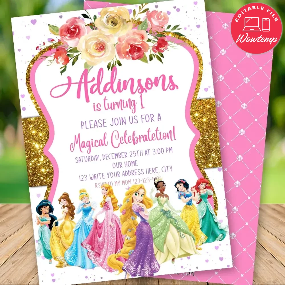 Editable Disney Princess Birthday Flyer Instant Download | Wowtemp