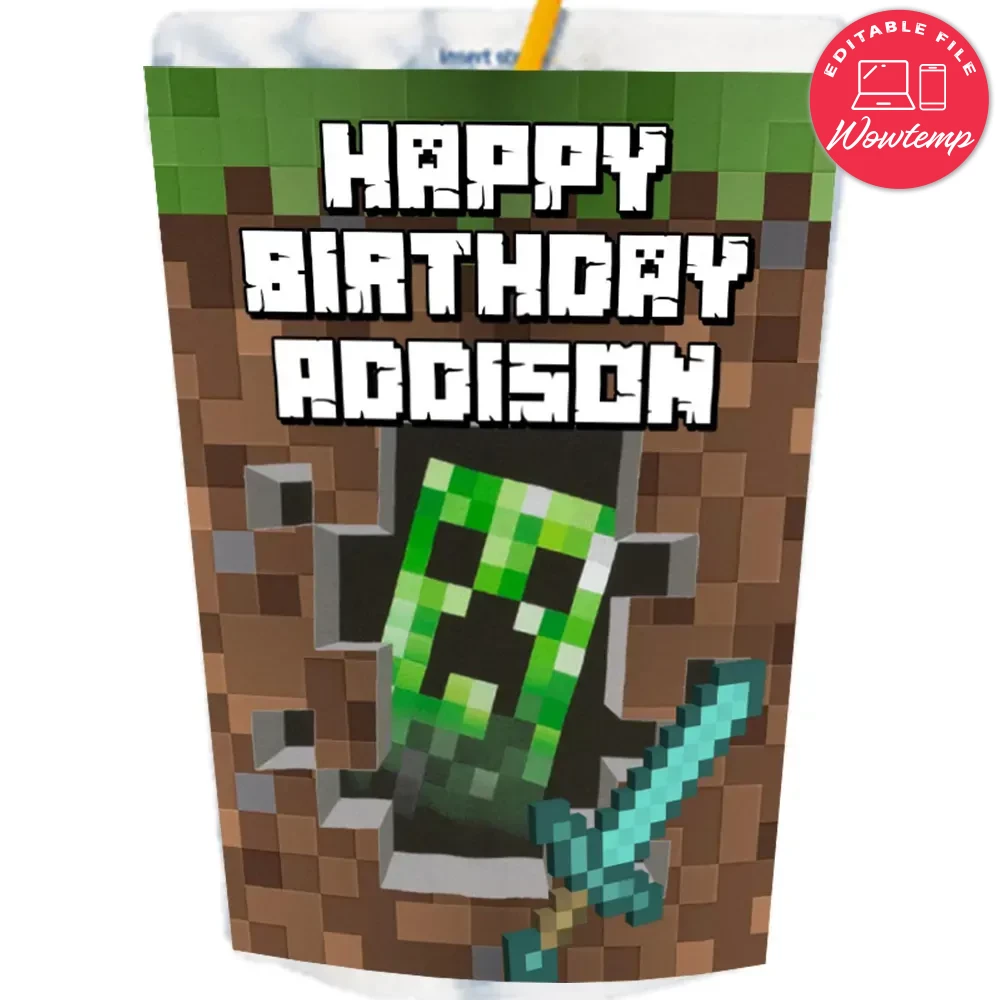 Minecraft Juice Pouch Labels Digital File Printable DIY | Wowtemp