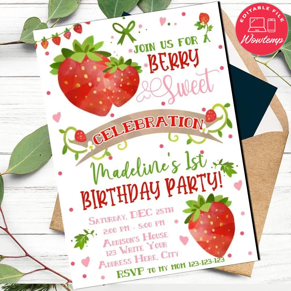 A Berry Sweet Birthday Invitation Template Instant Download | Wowtemp