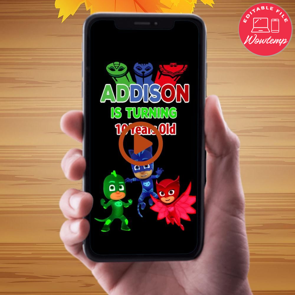 PJ mask Video Invitation Digital Template Customizable DIY | Wowtemp