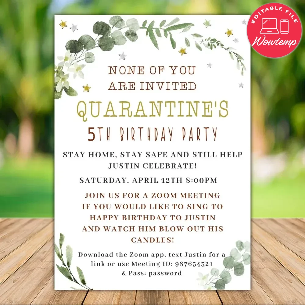 Editable Quarantine Birthday Invitation Instant Download | Wowtemp