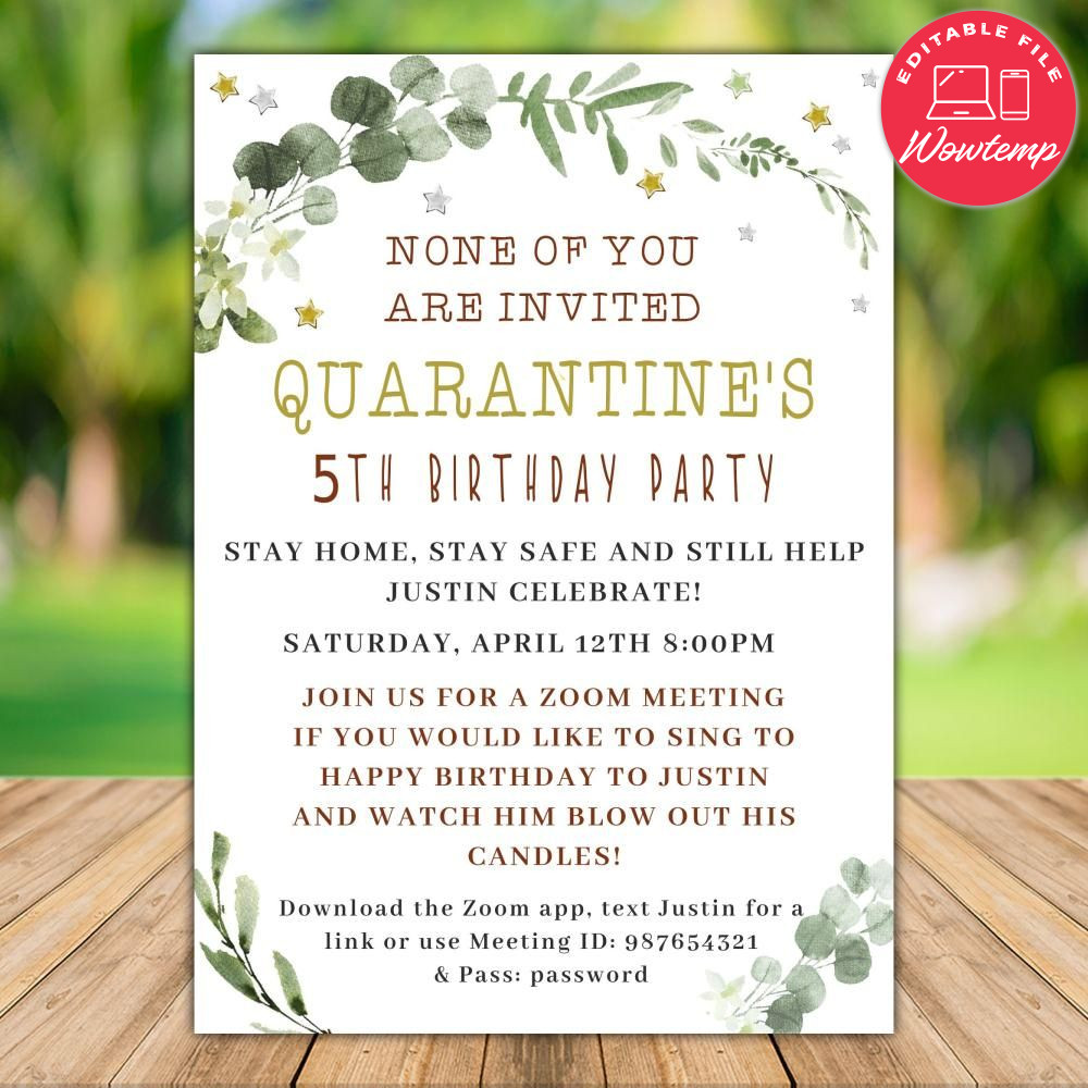 Editable Quarantine Birthday Invitation Instant Download | Wowtemp