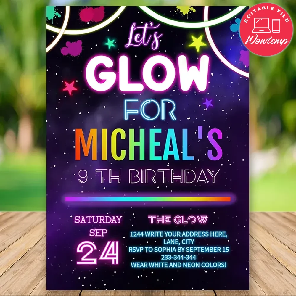 Editable Neon Glow In The Dark Birthday Party Invitation DIY | Wowtemp