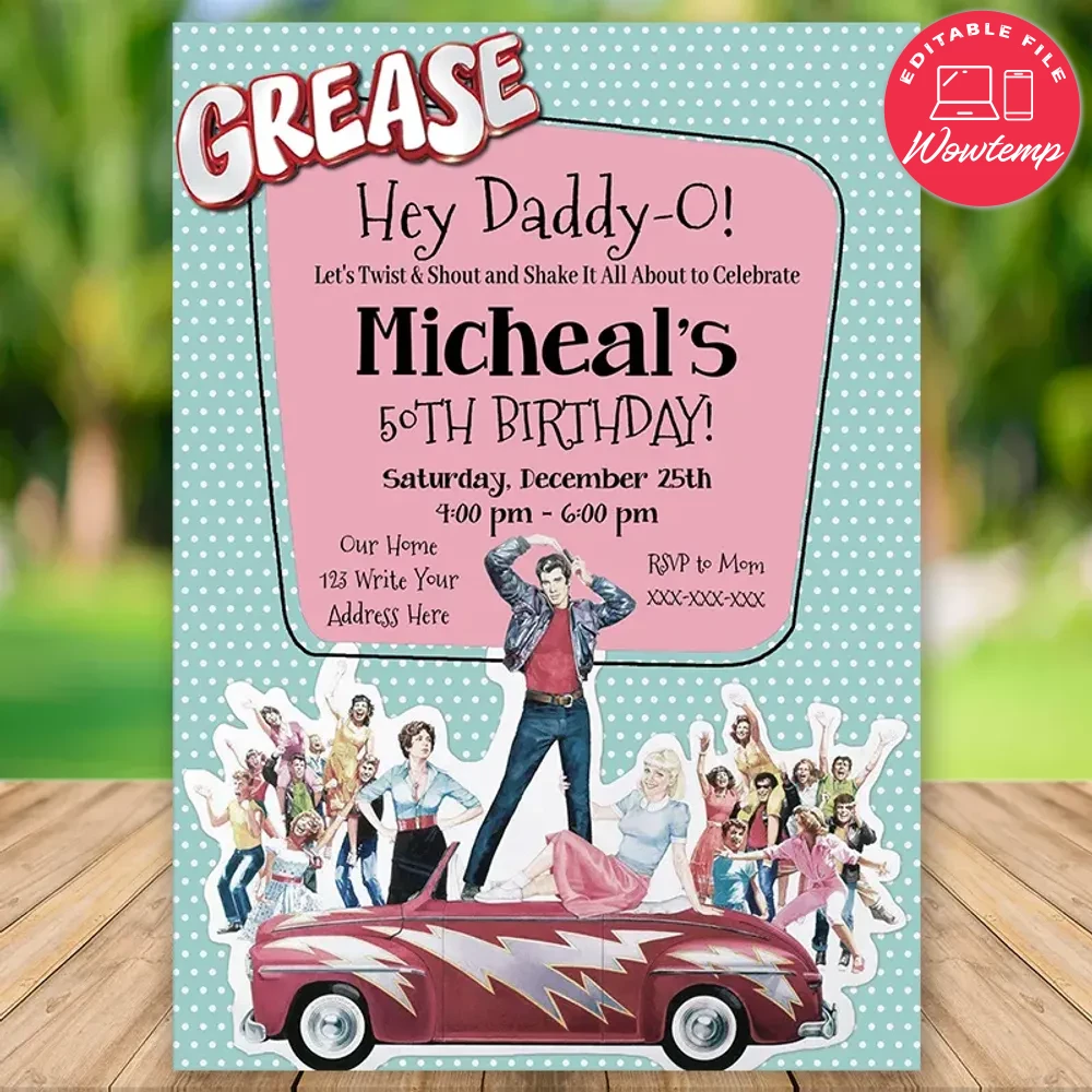 Editable Sock Hop 1950s Grease Birthday Invitation DIY | Wowtemp
