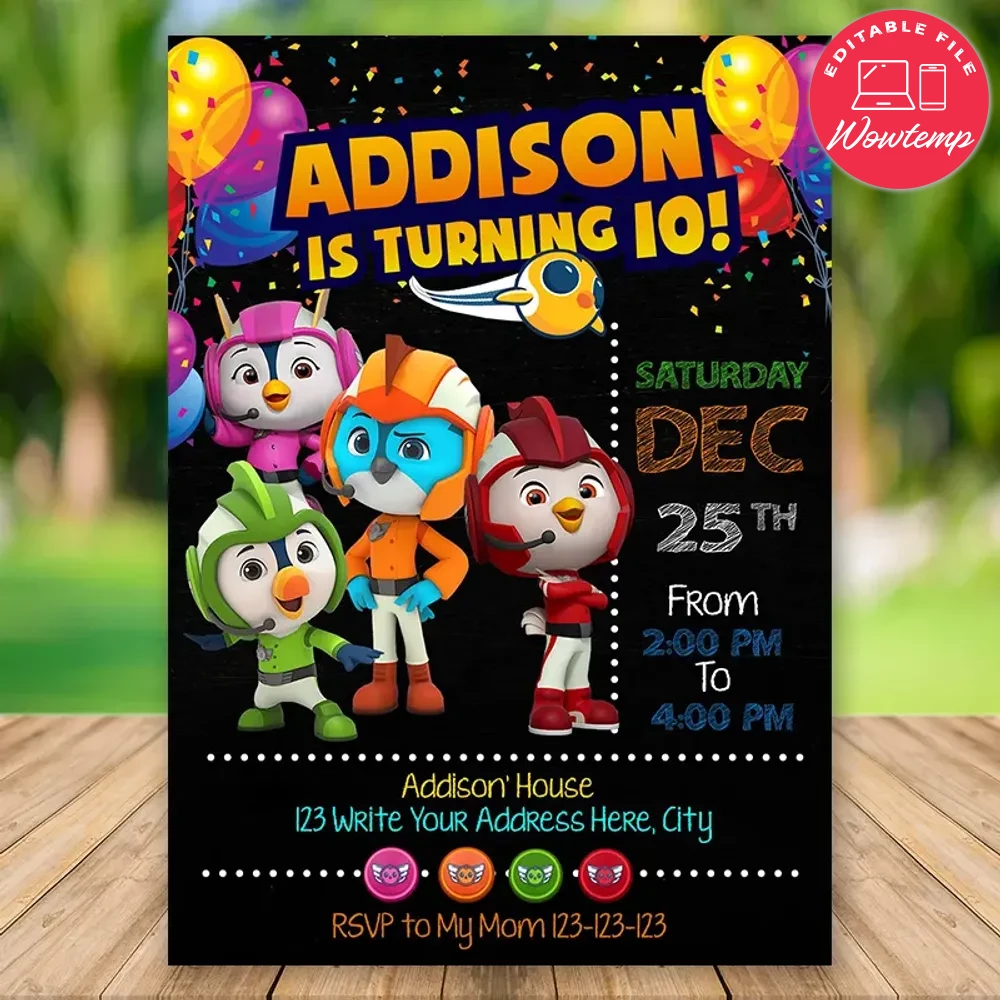 Editable Top Wing Birthday Invitation Instant Download | Wowtemp