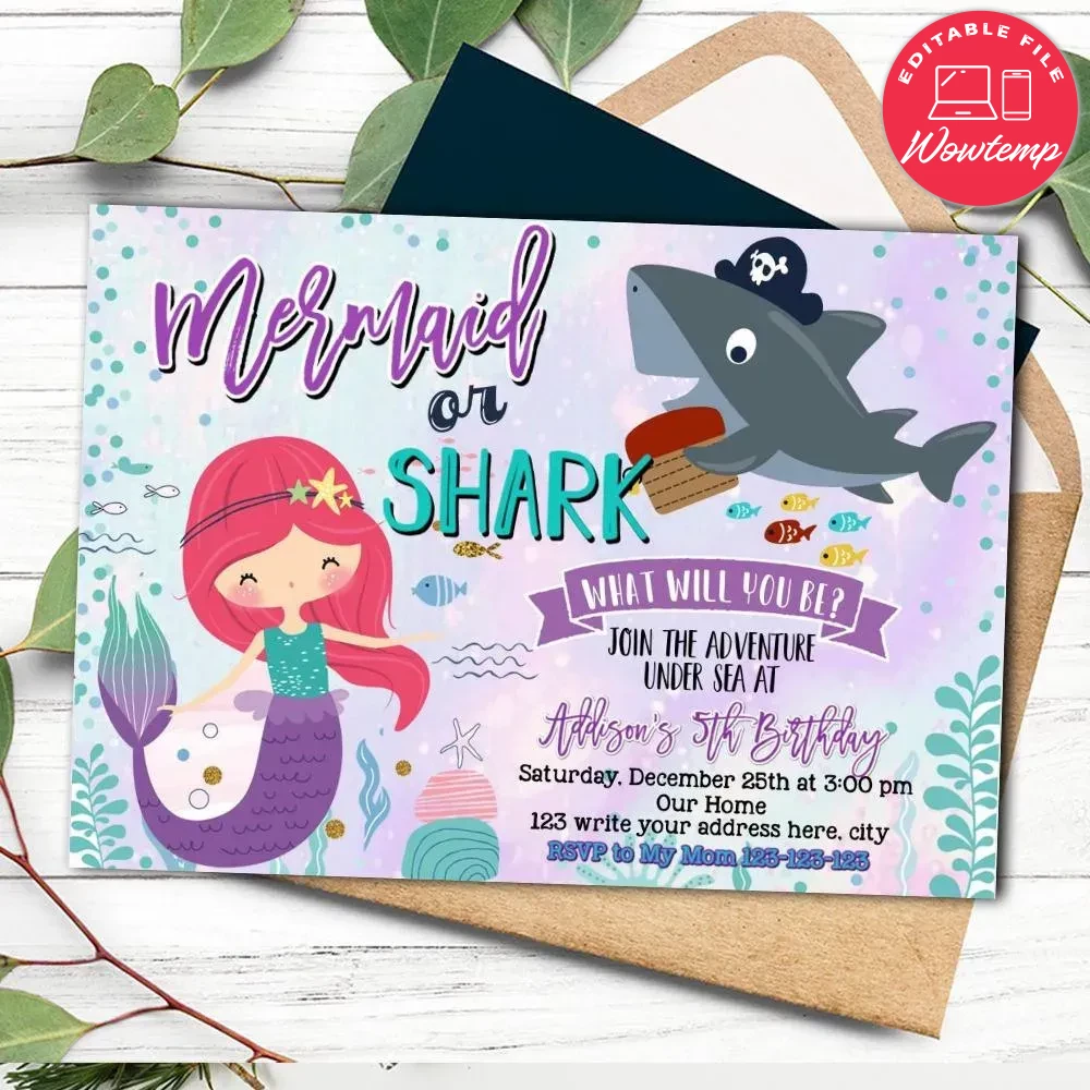 Mermaid and Shark Gender Reveal Invitation Printable DIY | Wowtemp